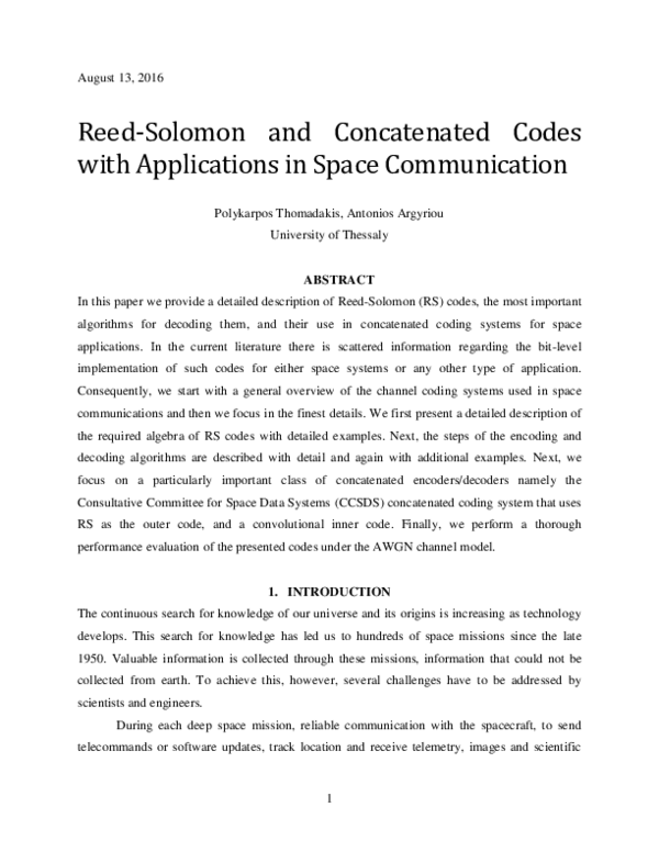 (PDF) Reed-Solomon and Concatenated Codes with Applications in Space Communication