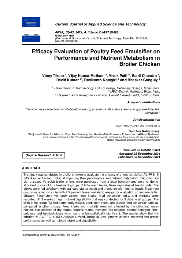 (PDF) Efficacy Evaluation of Poultry Feed Emulsifier on Performance and ...