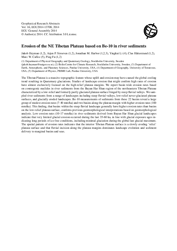 (PDF) Erosion of the NE Tibetan Plateau based on Be-10 in river sediments