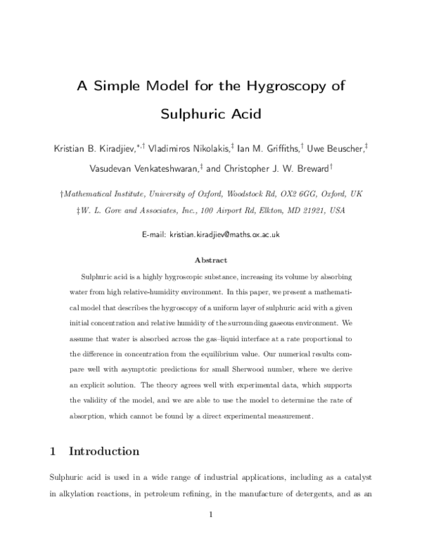 (PDF) A Simple Model for the Hygroscopy of Sulphuric Acid