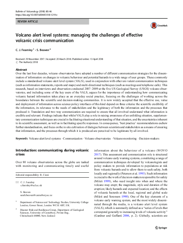 (PDF) Volcano alert level systems: managing the challenges of effective ...