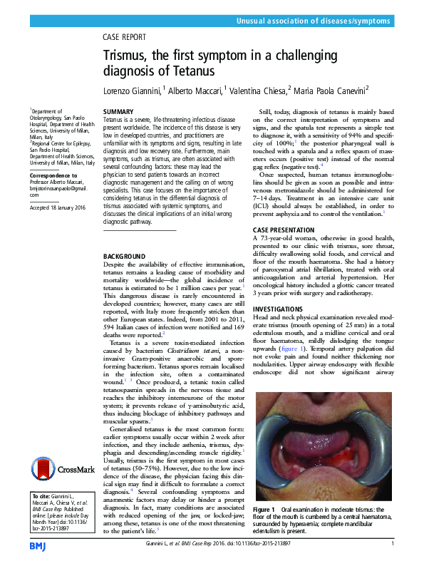 (PDF) Trismus, the first symptom in a challenging diagnosis of Tetanus