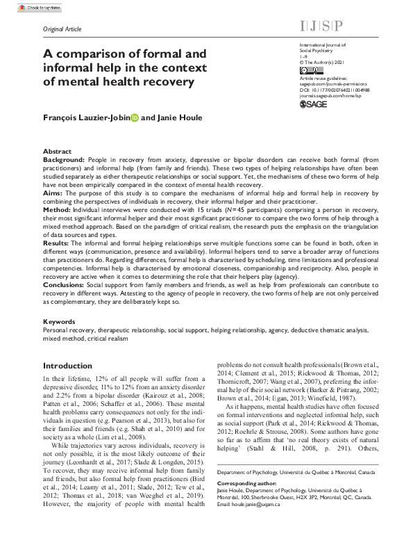 (PDF) A comparison of formal and informal help in the context of mental ...