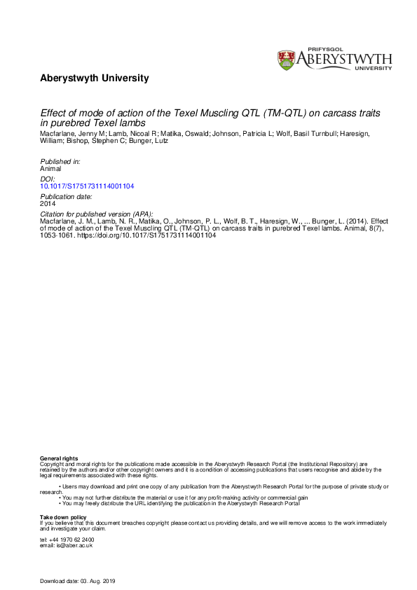(PDF) Effect and mode of action of the Texel muscling QTL (TM-QTL) on ...