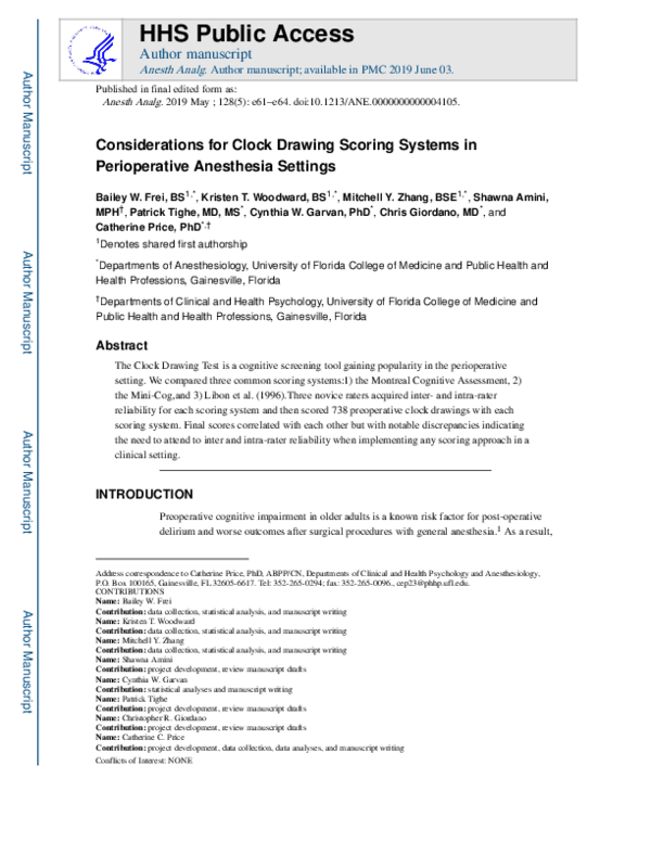 (PDF) Considerations for Clock Drawing Scoring Systems in Perioperative ...