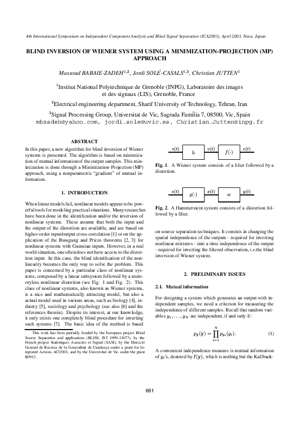 Pdf Blind Inversion Of Wiener System Using A Minimization Projection Mp Approach