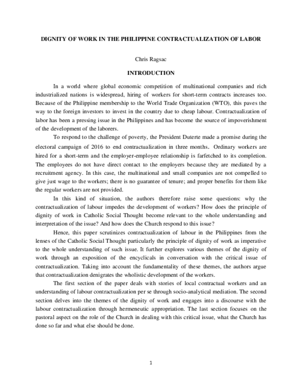 (PDF) DIGNITY OF WORK IN THE PHILIPPINE CONTRACTUALIZATION OF LABOR