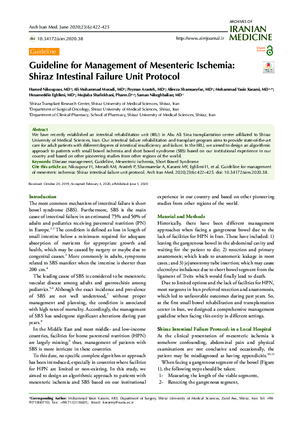 (PDF) Guideline for Management of Mesenteric Ischemia: Shiraz ...
