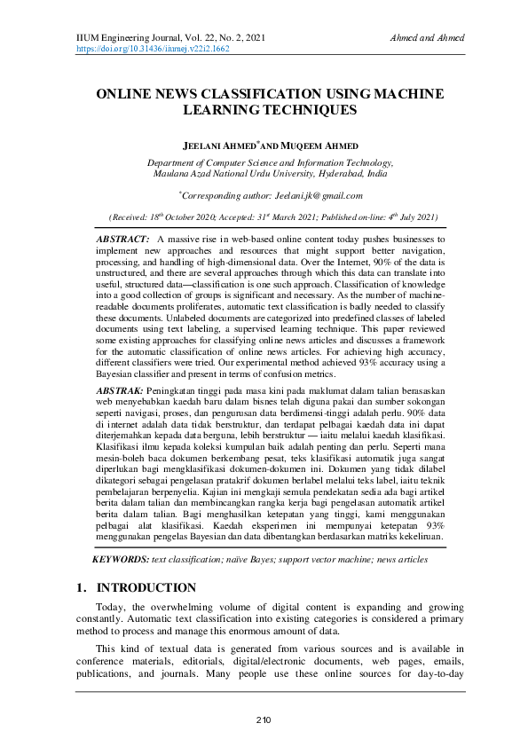 (PDF) Online News Classification Using Machine Learning Techniques