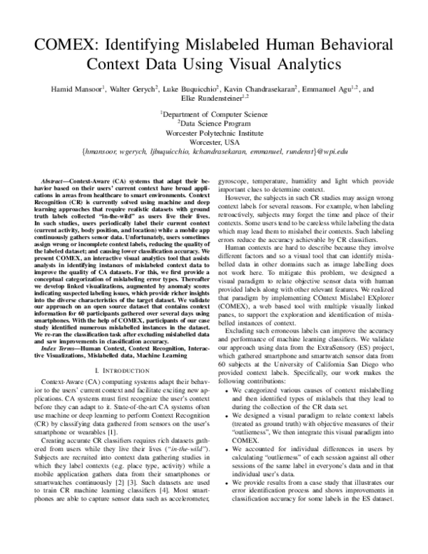 (PDF) COMEX: Identifying Mislabeled Human Behavioral Context Data Using Visual Analytics