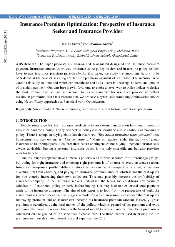 (PDF) Insurance Premium Optimization: Perspective of Insurance Seeker ...