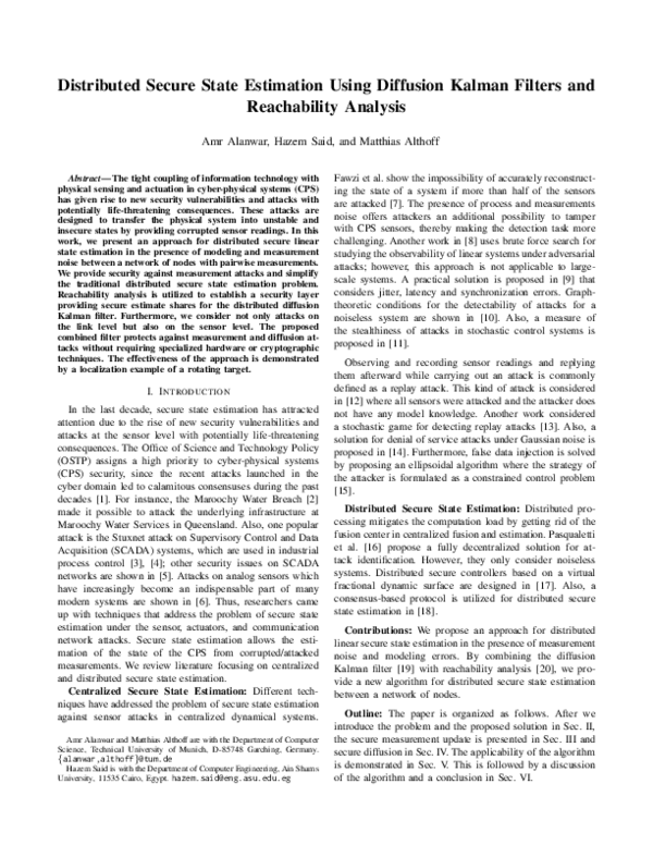 (PDF) Distributed Secure State Estimation Using Diffusion Kalman Filters and Reachability Analysis