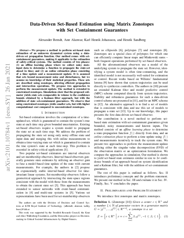 Pdf Data Driven Set Based Estimation Using Matrix Zonotopes With Set Containment Guarantees