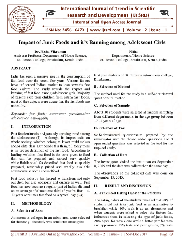 (PDF) Impact of Junk Foods and its Banning among Adolescent Girls