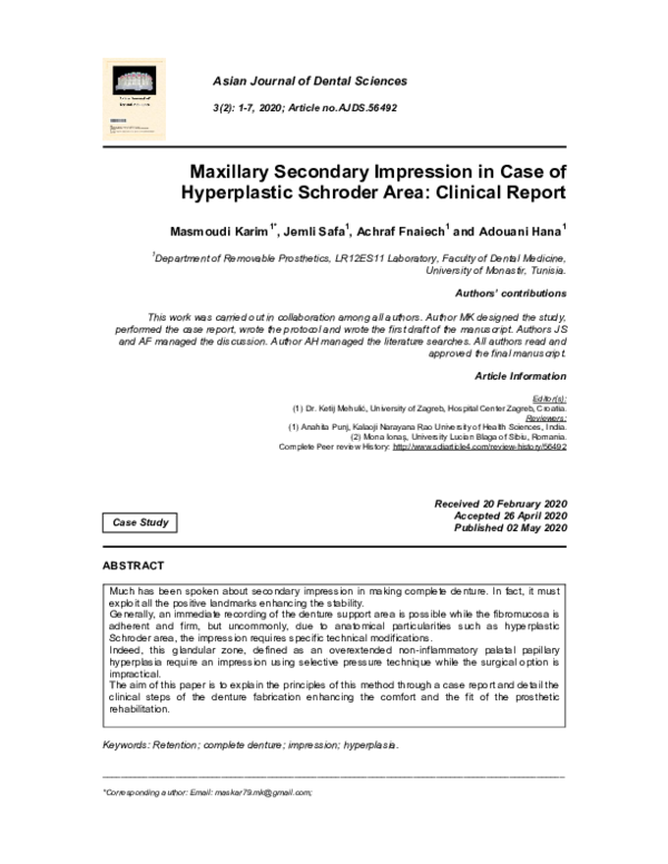 (PDF) Maxillary Secondary Impression in Case of Hyperplastic Schroder ...