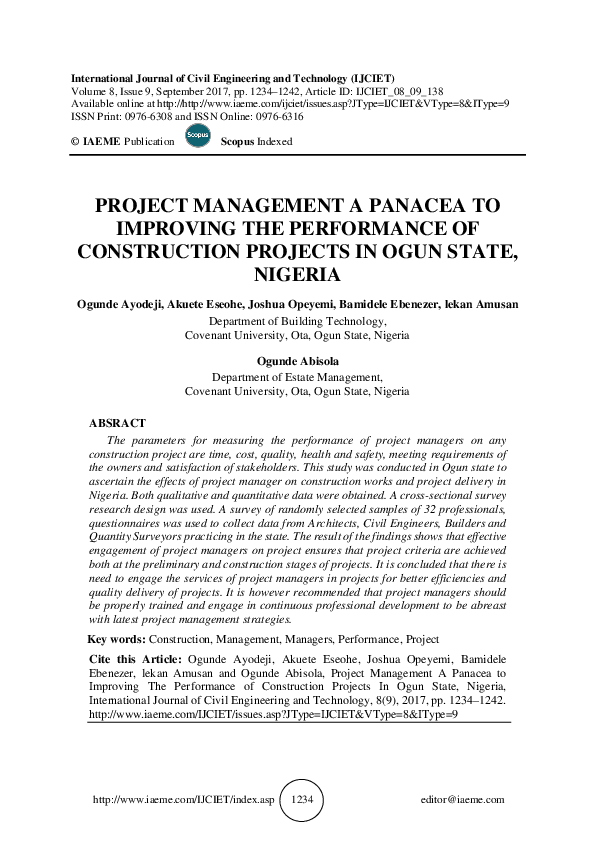 (PDF) Project Management a Panacea Toimproving the Performance ...