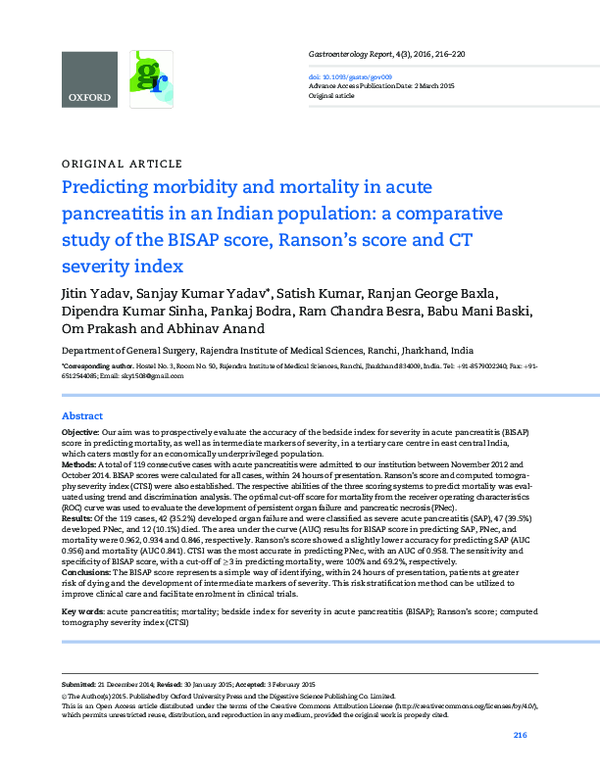 (PDF) Predicting morbidity and mortality in acute pancreatitis in an ...