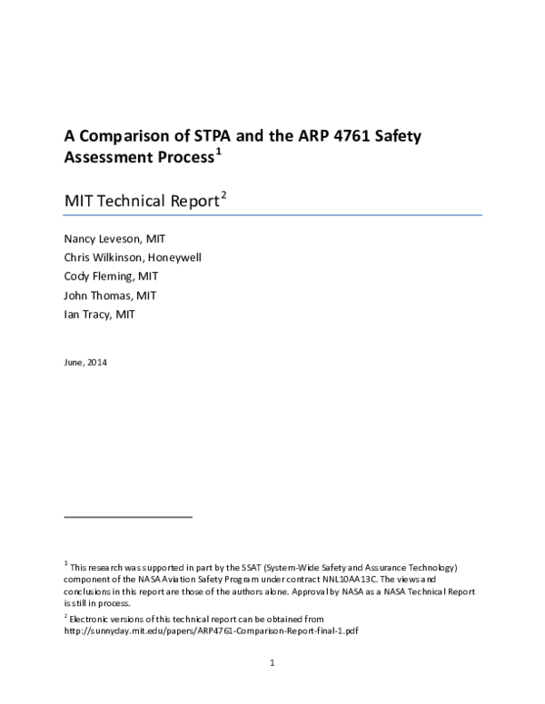 (PDF) A Comparison of STPA and the ARP 4761 Safety Assessment Process 1
