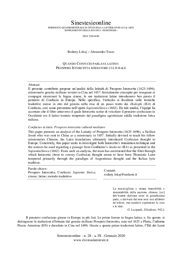 (PDF) Quando confucio parlava latino: Prospero Intorcetta mediatore ...