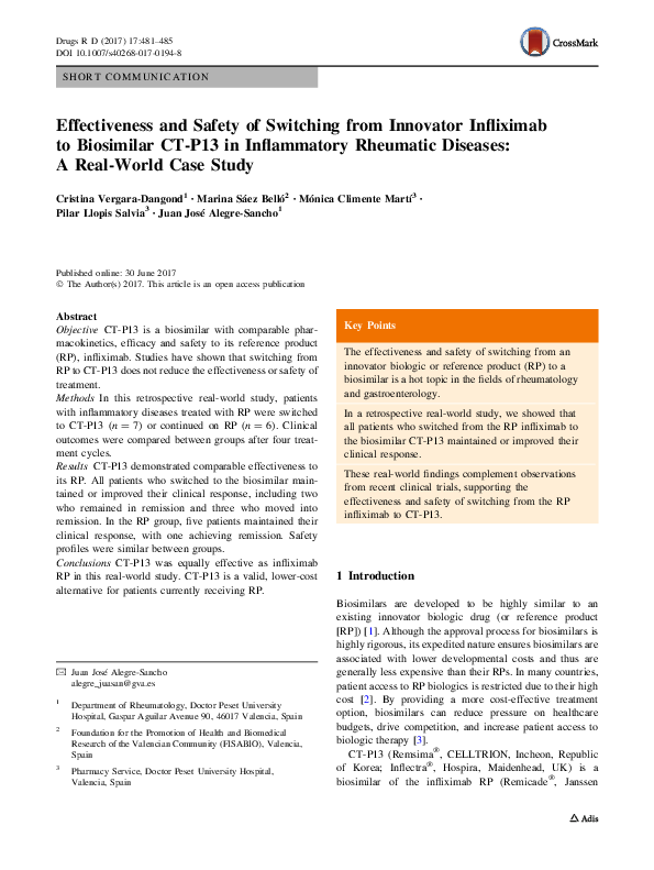 (PDF) Effectiveness and Safety of Switching from Innovator Infliximab to Biosimilar CT-P13 in ...