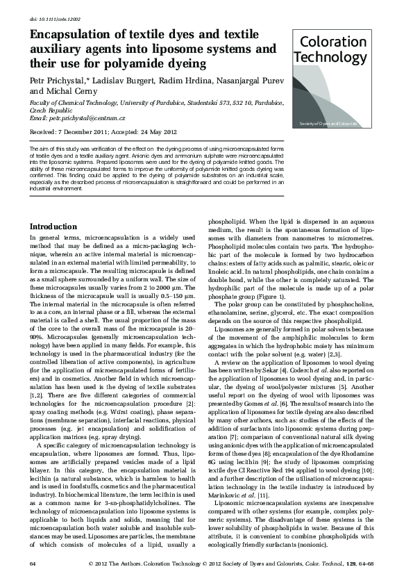 (PDF) Encapsulation of textile dyes and textile auxiliary agents into ...