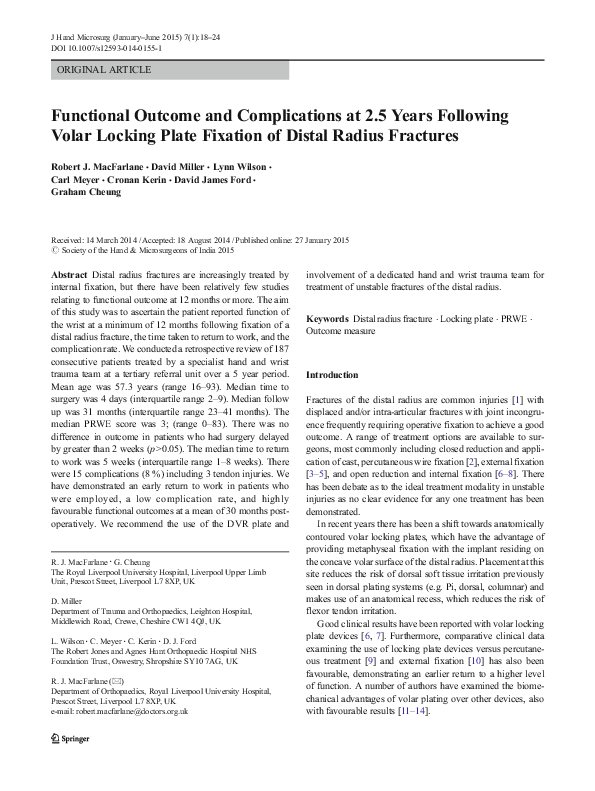 Pdf Functional Outcome And Complications At 2 5 Years Following Volar