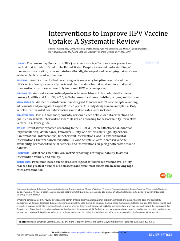 (PDF) Interventions to Improve HPV Vaccine Uptake: A Systematic Review