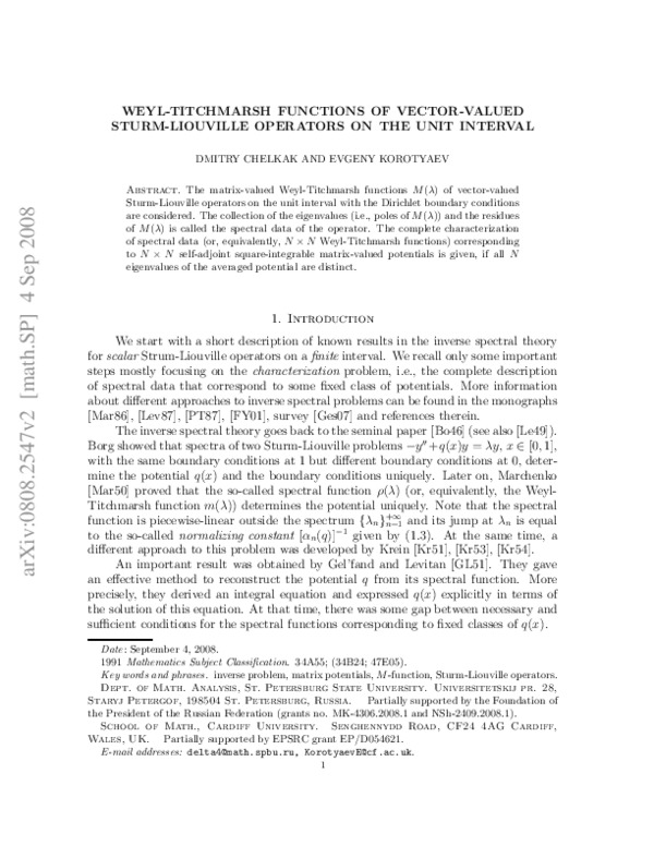 (PDF) Weyl-Titchmarsh functions of vector-valued Sturm-Liouville operators on the unit interval ...