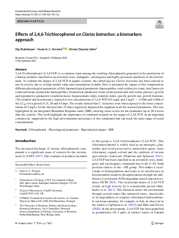 (PDF) Effects of 2,4,6-Trichlorophenol on Clarias batrachus: a ...