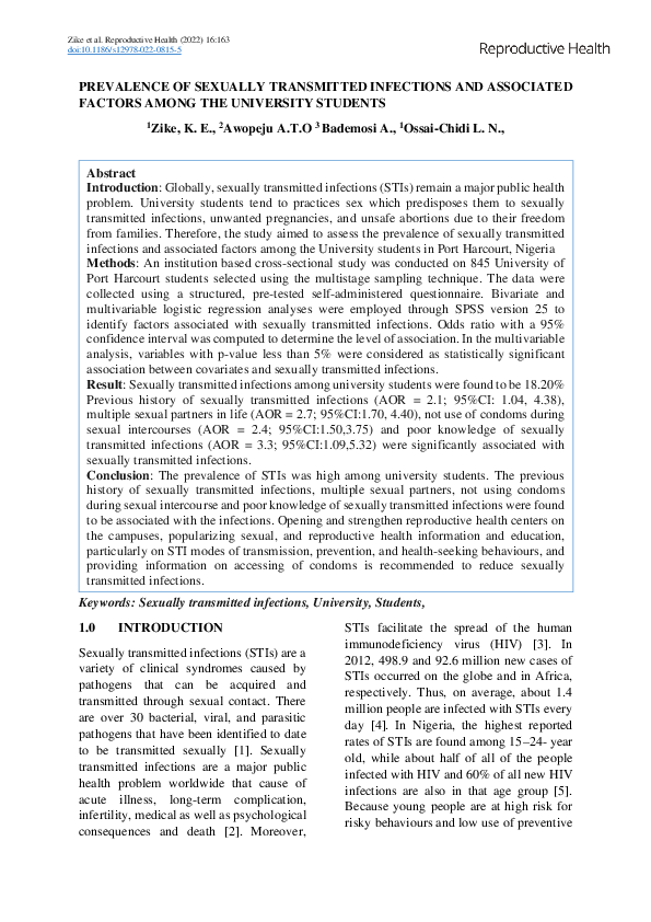 (PDF) PREVALENCE OF SEXUALLY TRANSMITTED INFECTIONS AND ASSOCIATED ...