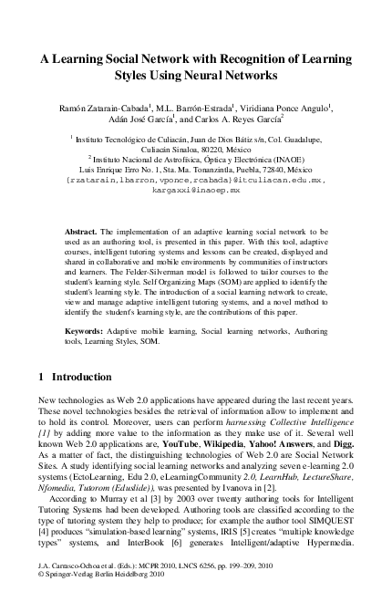 (PDF) A Learning Social Network with Recognition of Learning Styles Using Neural Networks