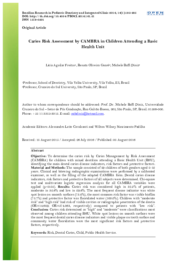 (PDF) Caries Risk Assessment by CAMBRA in Children Attending a Basic ...
