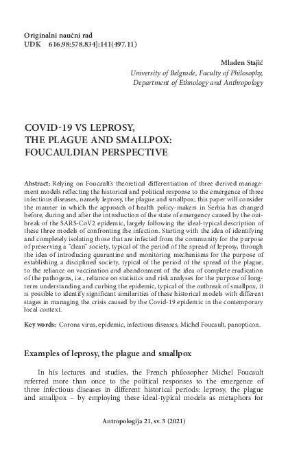 (PDF) COVID-19 vs Leprosy, The Plague and Smallpox: Foucauldian Perspective