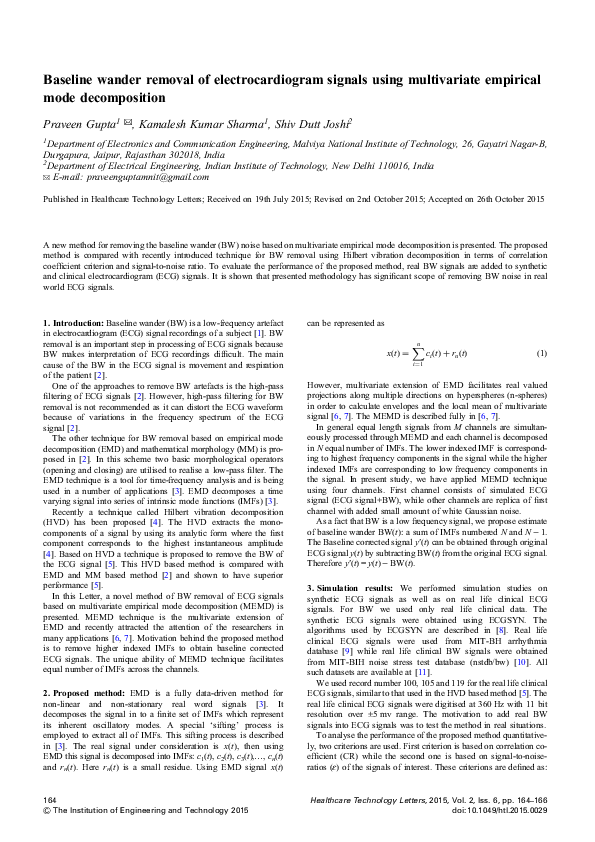 (PDF) Baseline wander removal of electrocardiogram signals using multivariate empirical mode ...