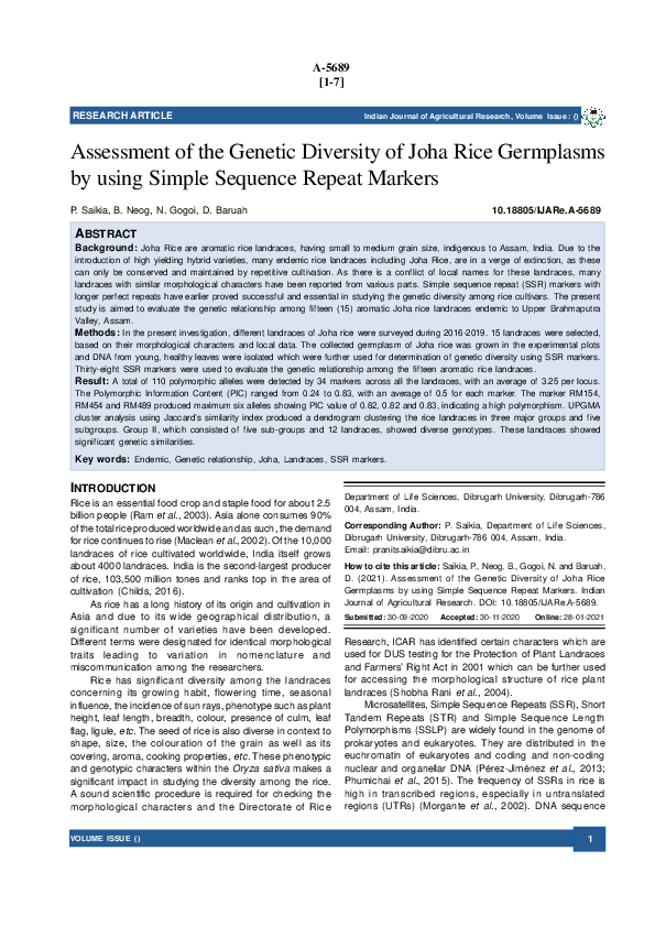 (PDF) Assessment of the Genetic Diversity of Joha Rice Germplasms by using Simple Sequence ...