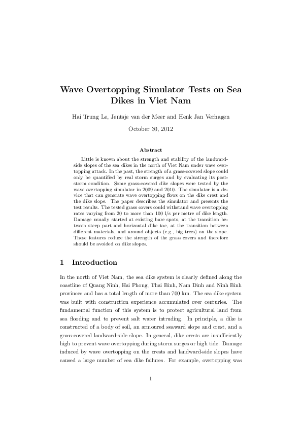(PDF) Wave Overtopping Simulator Tests on Sea Dikes in Viet Nam