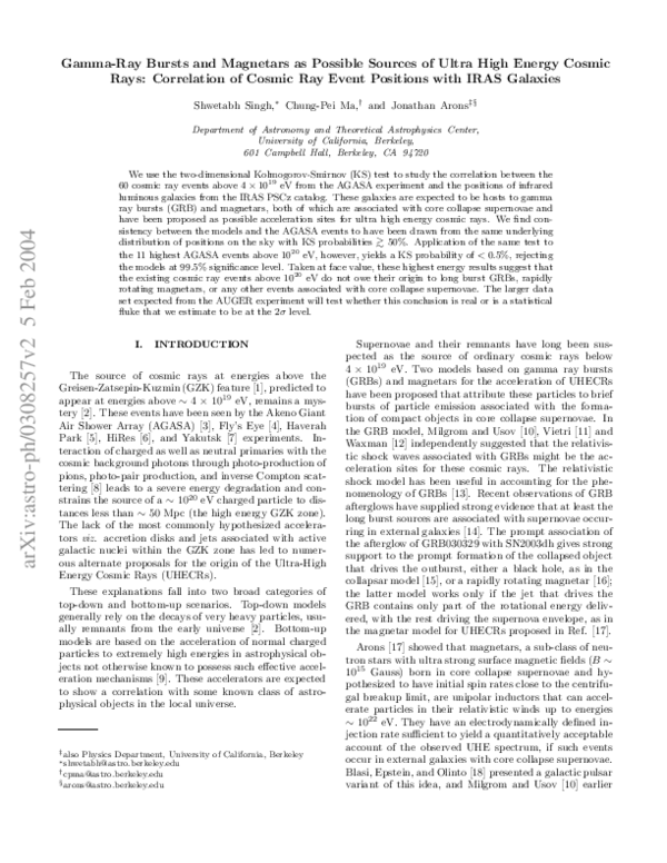 (PDF) Gamma-Ray Bursts and Magnetars as Possible Sources of Ultra High ...