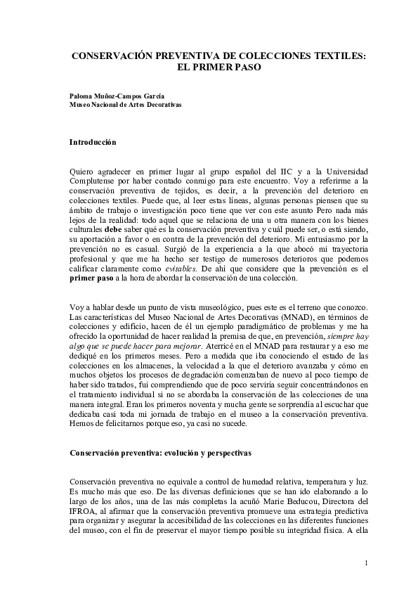 (PDF) Conservación preventiva de colecciones textiles: el primer paso