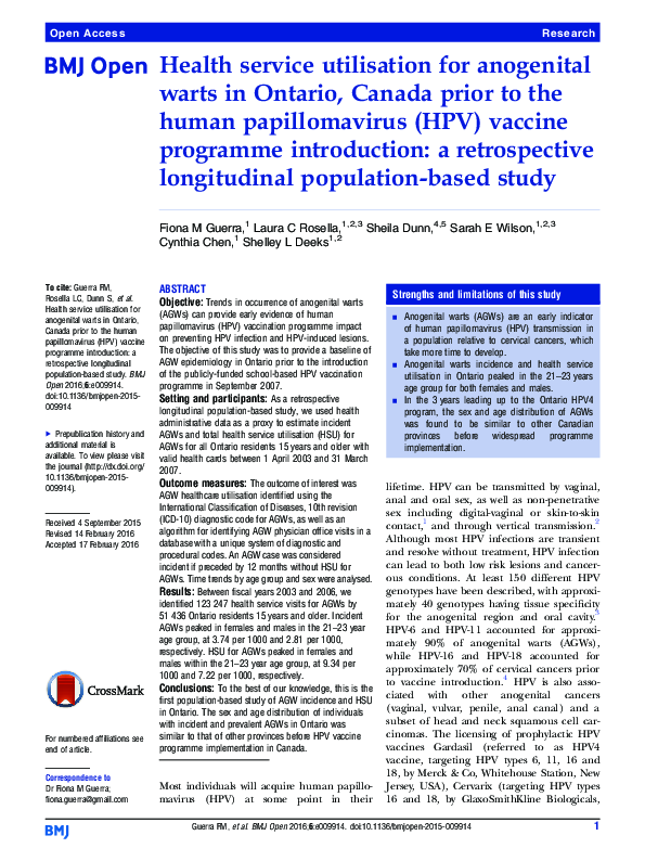 (PDF) Health service utilisation for anogenital warts in Ontario ...