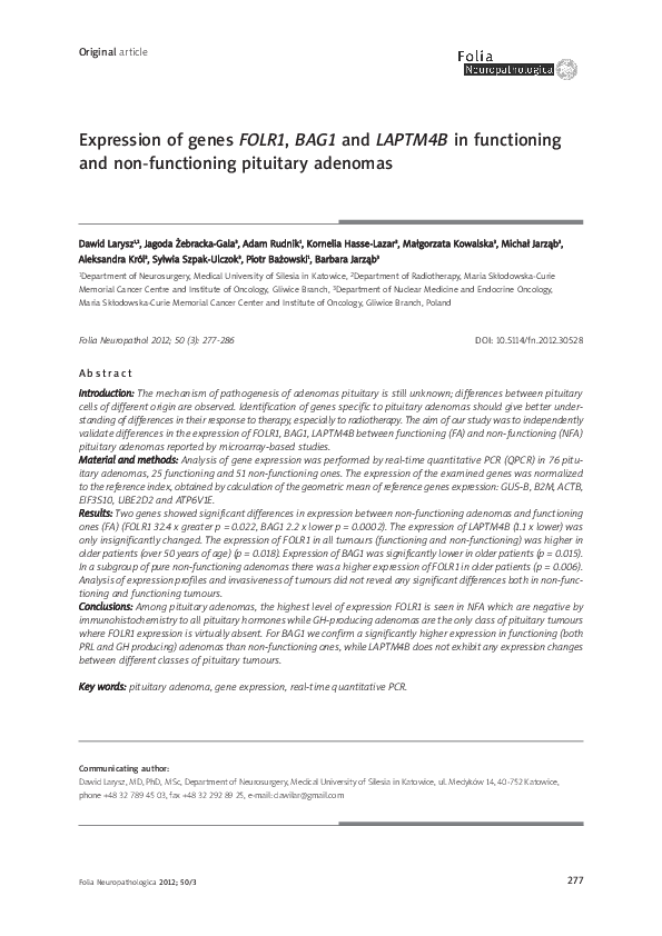 (PDF) Expression of genes FOLR1, BAG1 and LAPTM4B in functioning and ...