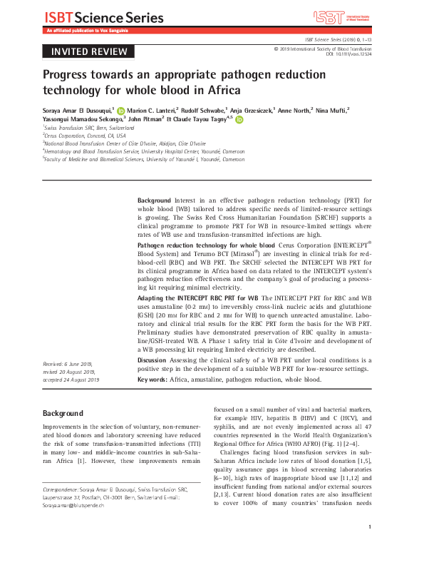 (PDF) Progress towards an appropriate pathogen reduction technology for ...