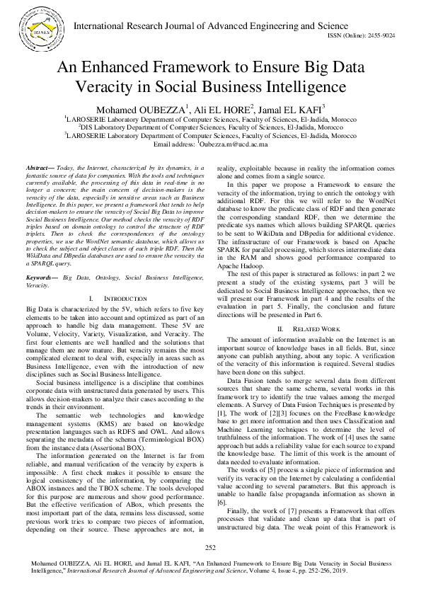 Pdf An Enhanced Framework To Ensure Big Data Veracity In Social Business Intelligence