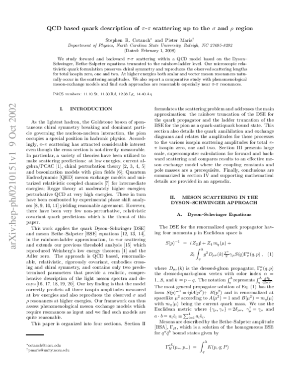 (PDF) QCD based quark description of pi-pi scattering up to the sigma ...
