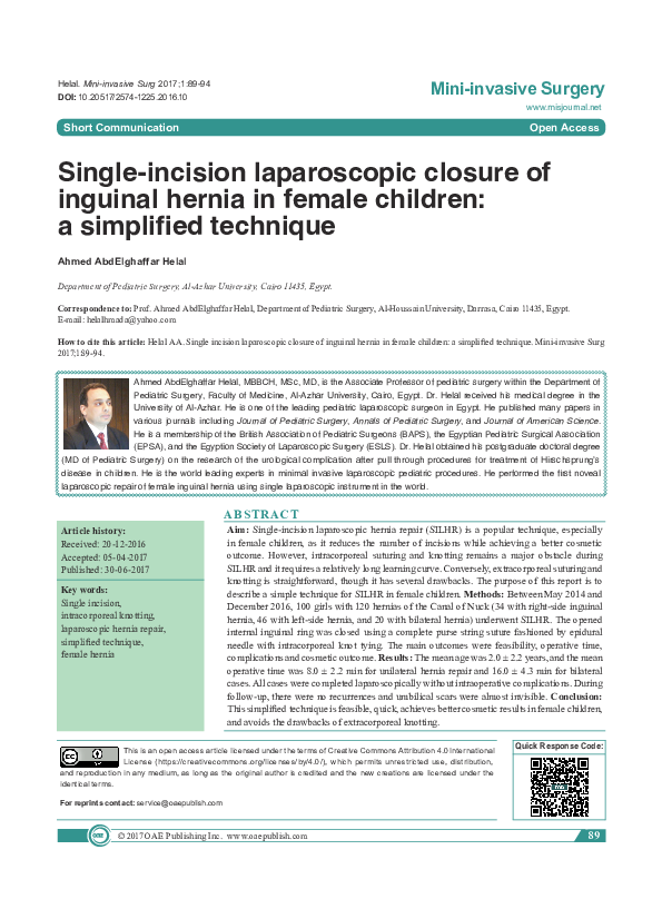 (PDF) Single-incision laparoscopic closure of inguinal hernia in female children: a simplified ...