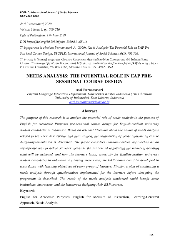 (PDF) Needs Analysis: The Potential Role in Eap Pre-Sessional Course Design
