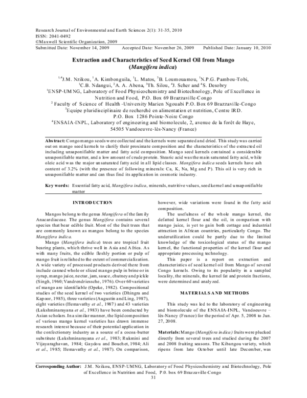 Pdf Extraction And Characteristics Of Seed Kernel Oil From Mango Manera Indica