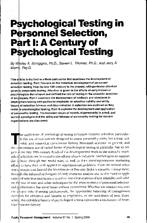 (PDF) Psychological Testing in Personnel Selection, Part I: A Century ...