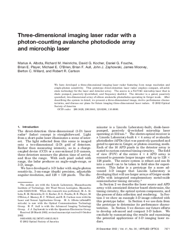 Pdf Three Dimensional Imaging Laser Radar With A Photon Counting Avalanche Photodiode Array