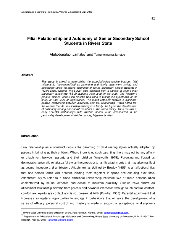 (PDF) Filial Relationship and Autonomy of Senior Secondary School ...