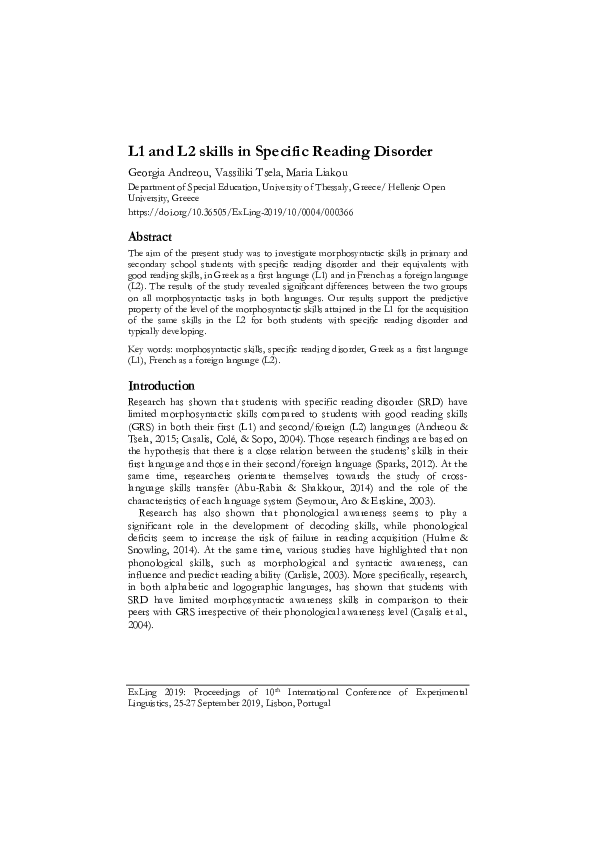 (PDF) L1 and L2 skills in Specific Reading Disorder